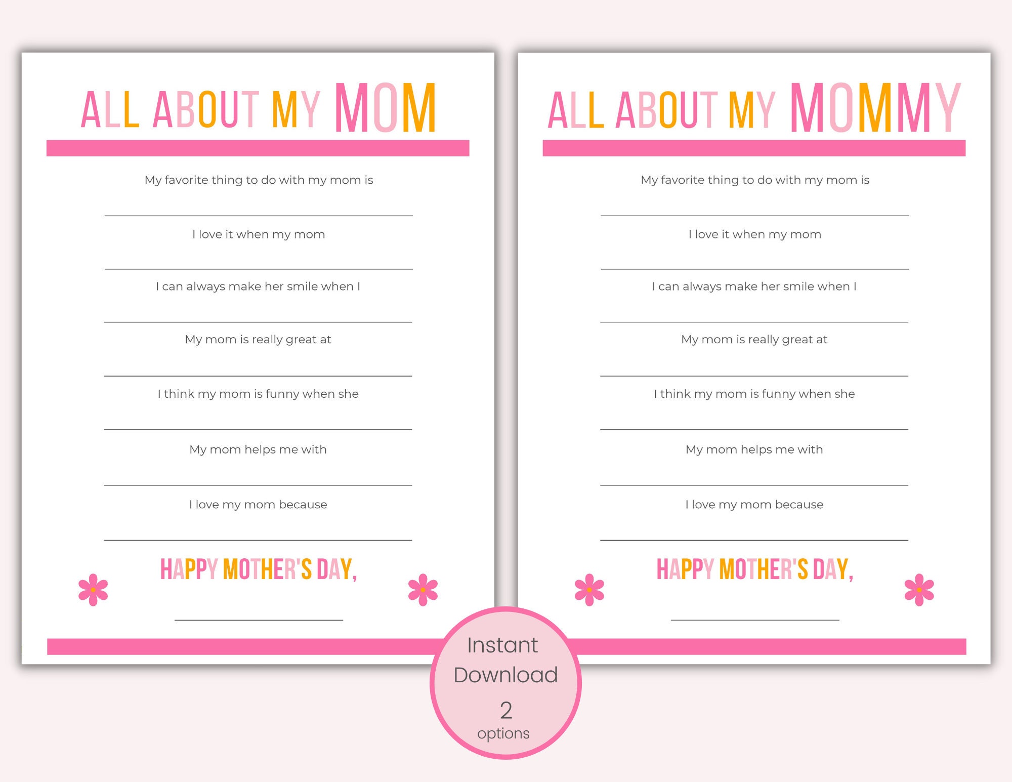 All About My Mom Printable Mommy Mothers Day Questionnaire - Etsy