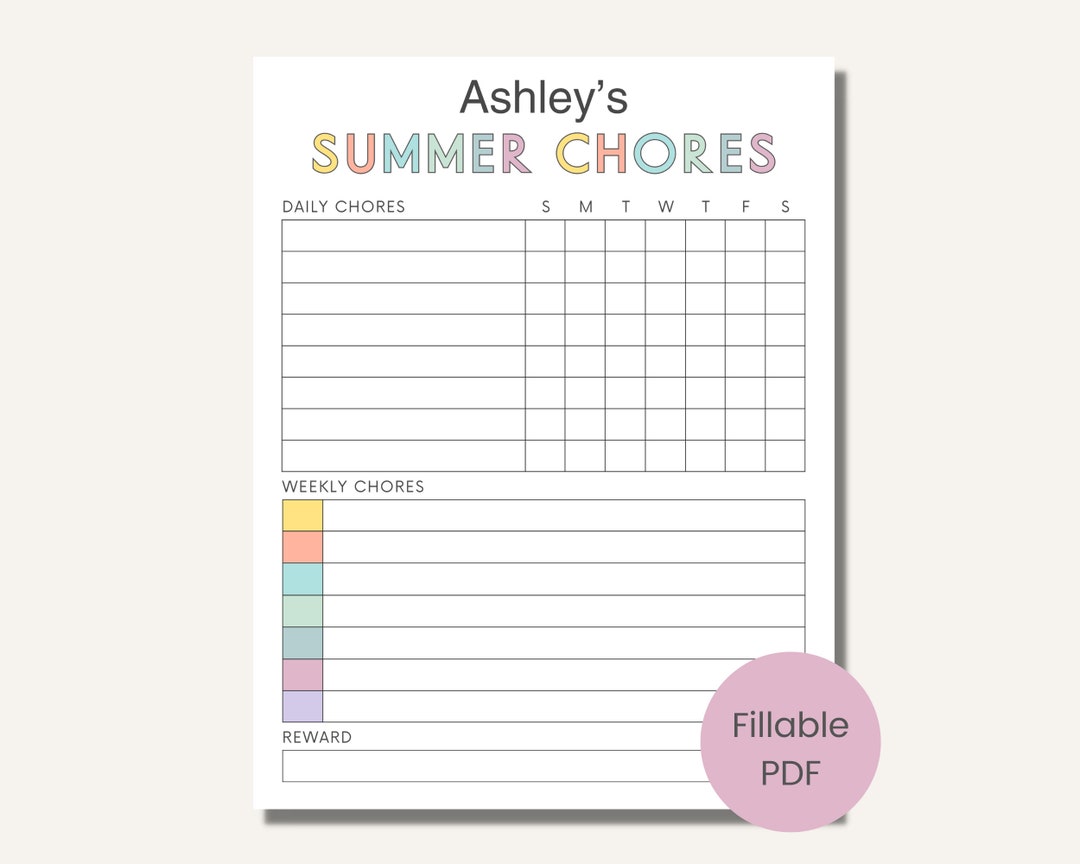 Chore Chart for Kids Printable, Editable Daily Checklist, Summer Weekly ...