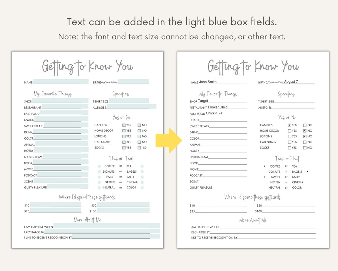 Getting to Know You Editable Printable, All About Me Survey, Employee ...