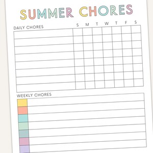 Chore Chart for Kids Printable, Editable Daily Checklist, Summer Weekly ...