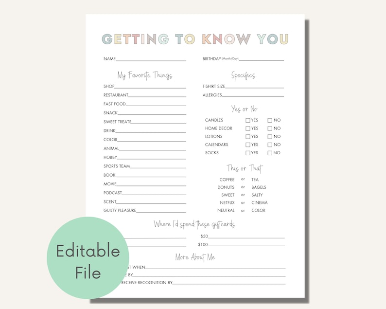 Getting to Know You Editable Printable, Coworker Questions, All About ...