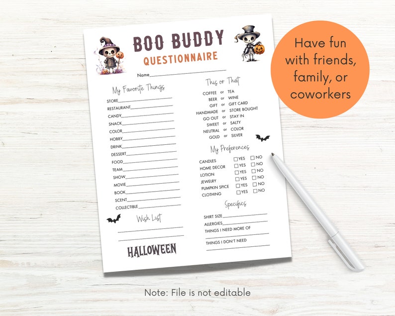 Boo Buddy Questionnaire, Boo Buddies Printable, Halloween Gift Exchange ...