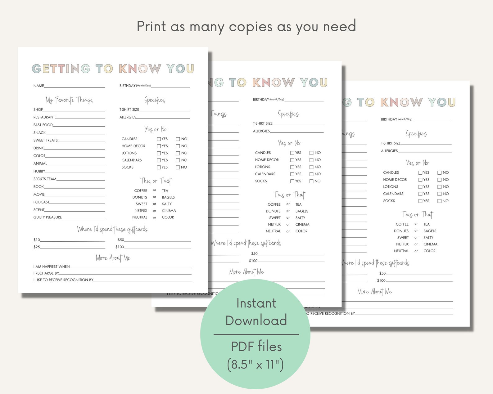Getting to Know You Editable Printable, Coworker Questions, All About ...