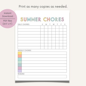 Chore Chart for Kids Printable, Editable Daily Checklist, Summer Weekly ...