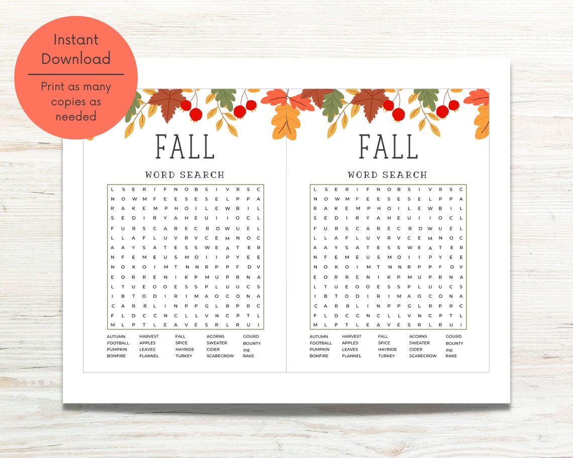 Fall Word Search Printable, Autumn Word Search, Printable Fall Game ...