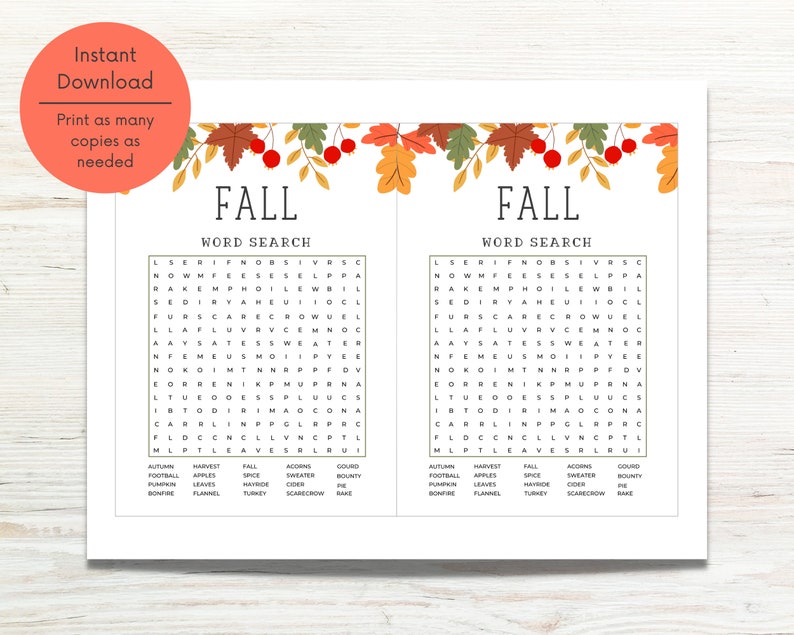 Fall Word Search Printable, Autumn Word Search, Printable Fall Game ...