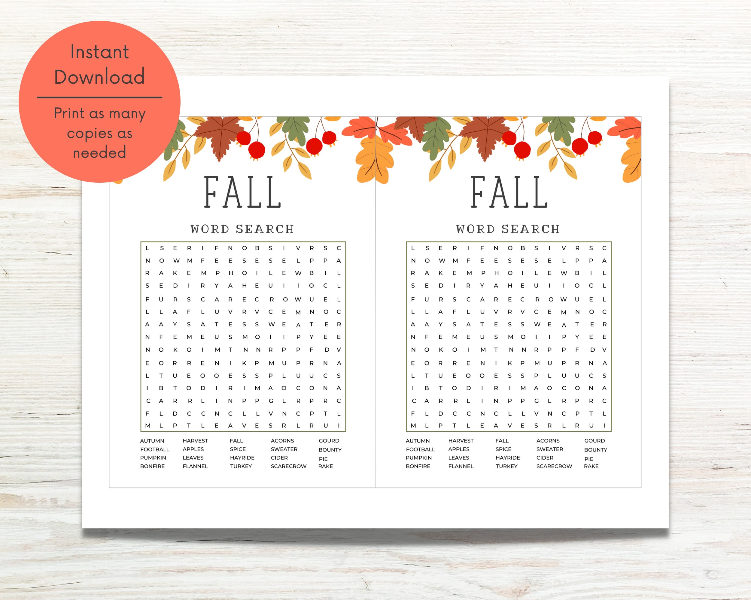 Fall Word Search Printable Autumn Word Search Printable Fall - Etsy ...