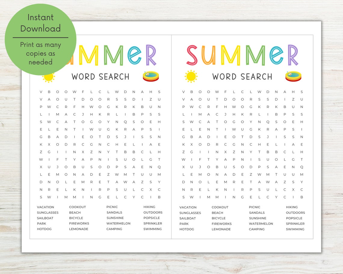 Summer Word Search, Printable Summertime Games, Fun Summer Activity for ...