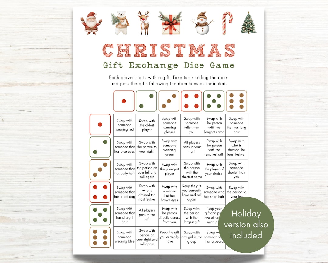 Christmas Gift Exchange Dice Game Printable, White Elephant, Roll the ...