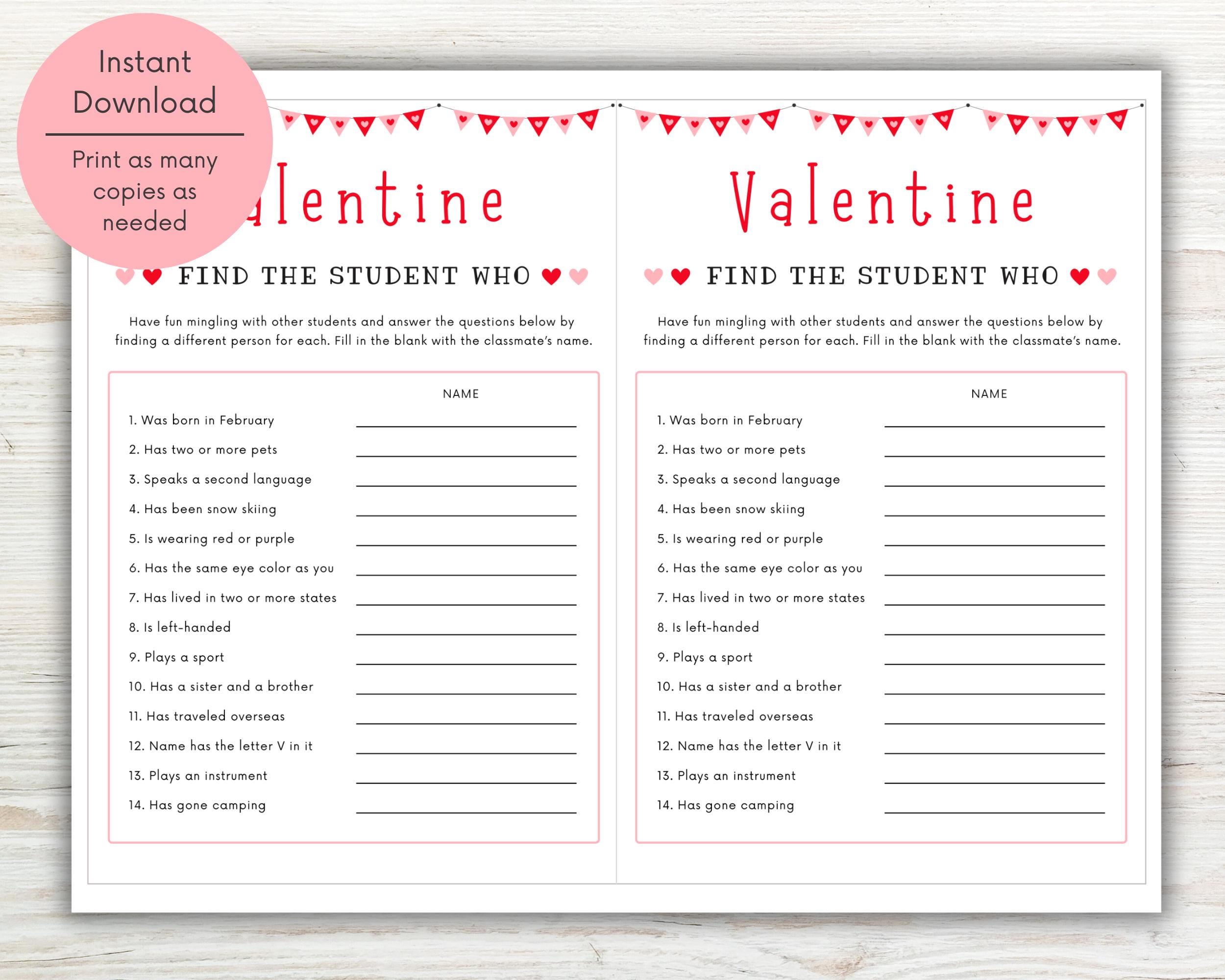 Valentine Find Someone Who Activity for Students, Find the Student Game ...