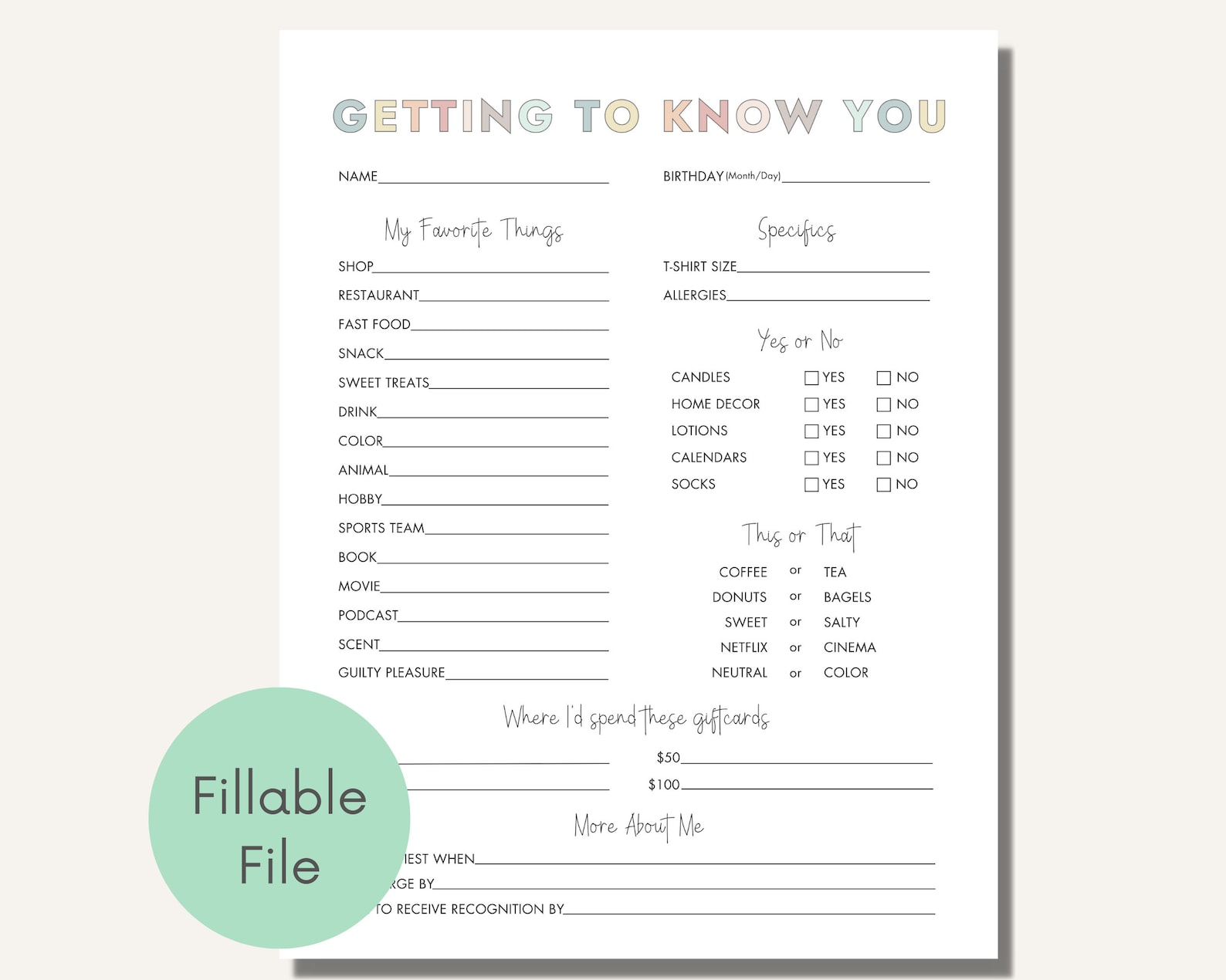 Getting to Know You Editable Printable, Coworker Questions, All About ...