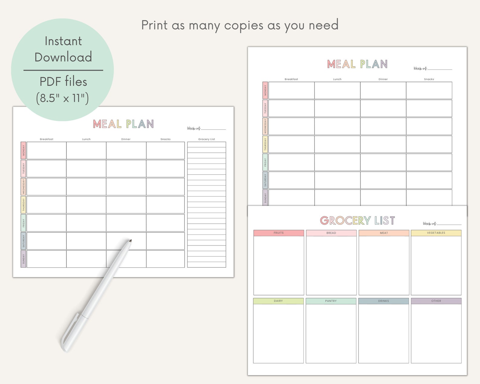 Meal Planner Printable Weekly Menu Planner Grocery List - Etsy