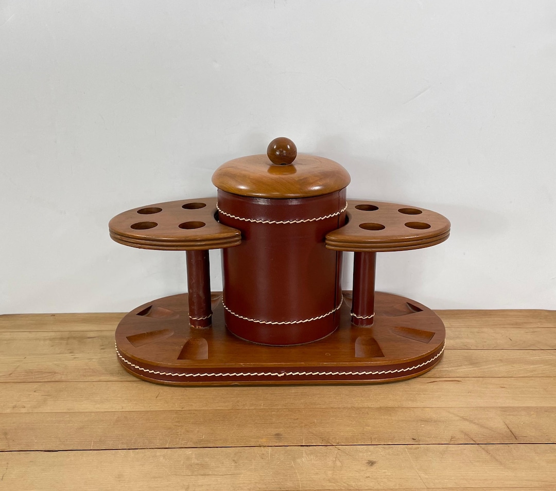 Humidor and 8 Pipe Holder, Leather, Glass, and Walnut Pipe Stand ...