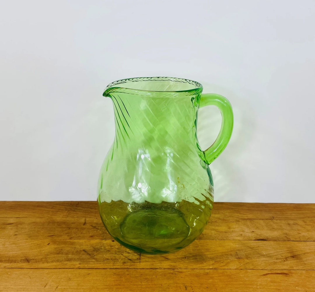 Green Uranium Glass Pitcher, Depression Era 2 Quart Green Uranium Glass ...