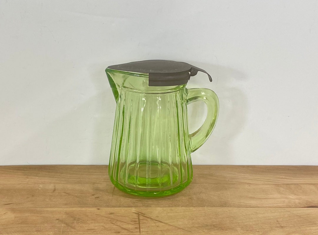 Green Uranium Glass Syrup Pitcher With Working Spring Loaded Thumb ...