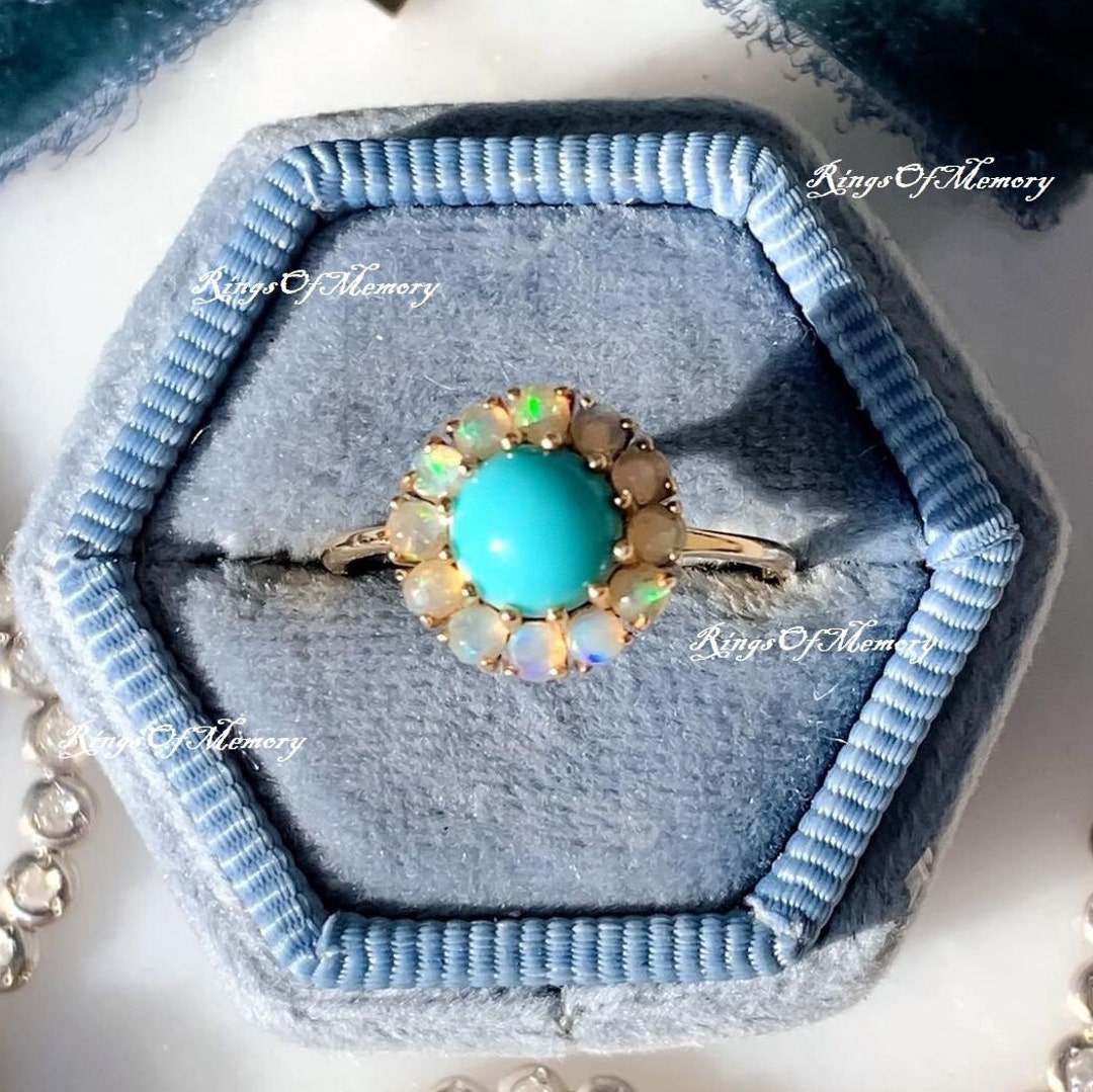 Natural Turquoise & Opal Wedding Ring, Turquoise Vintage Ring, Halo ...