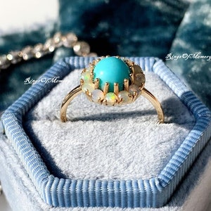 Natural Turquoise & Opal Wedding Ring, Turquoise Vintage Ring, Halo ...