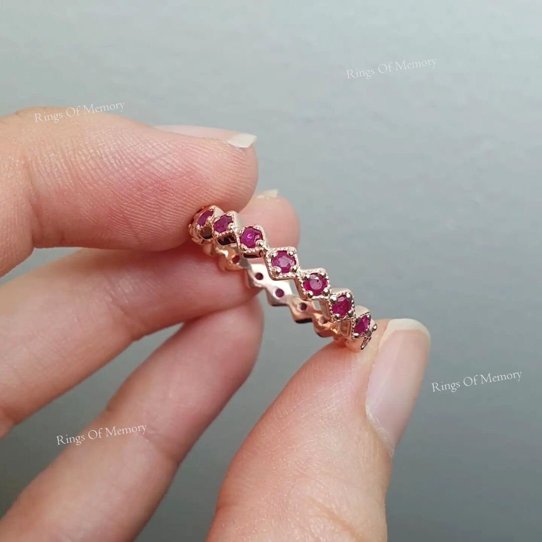 Ruby Ring, 14K Rose Gold Ruby Ring, Natural Ruby Band, Ruby Wedding ...
