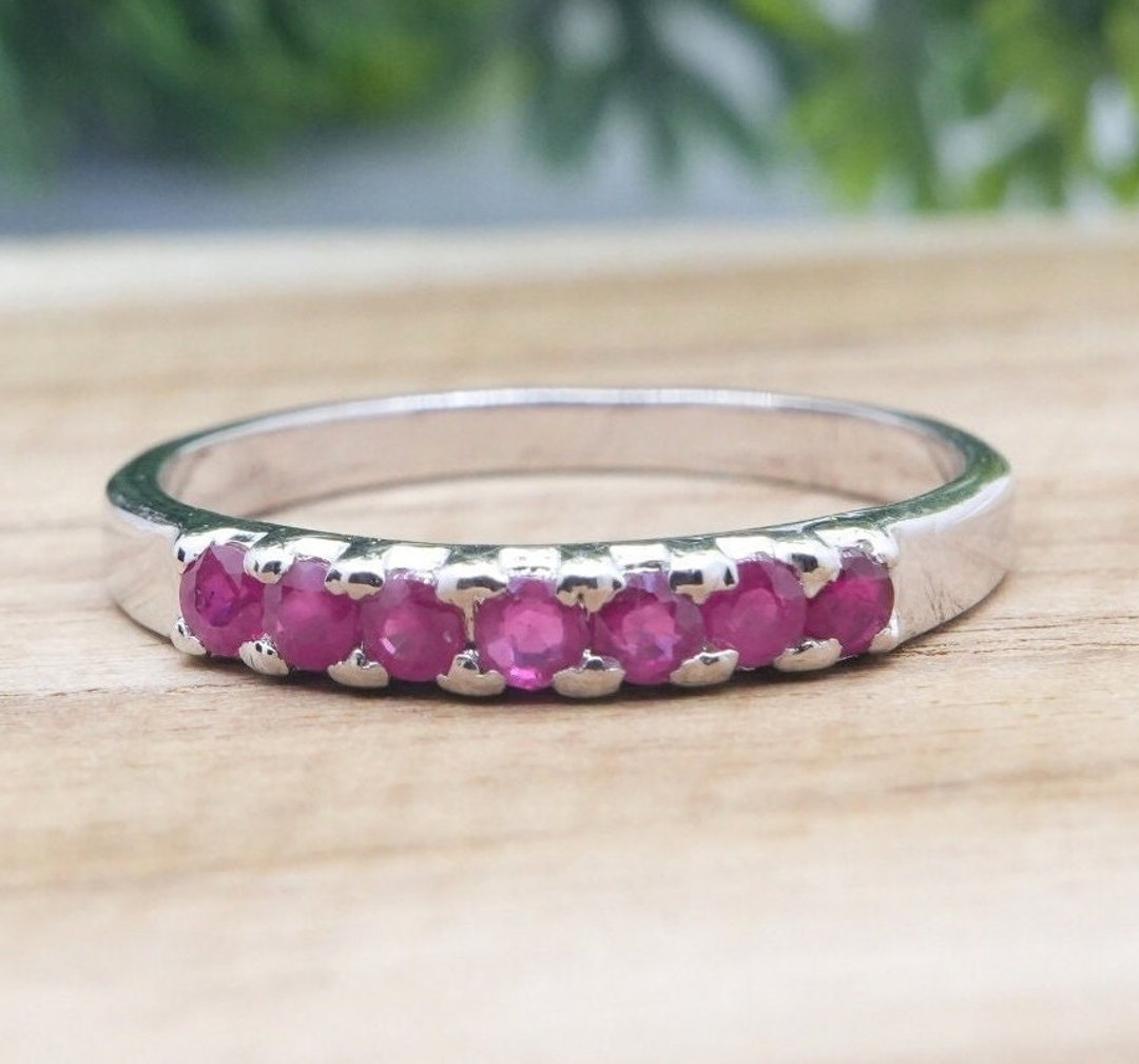 Ruby Band Ring Half Eternity Pave Ruby Wedding Band Natural Ruby Stacking Ring Sterling Silver ...