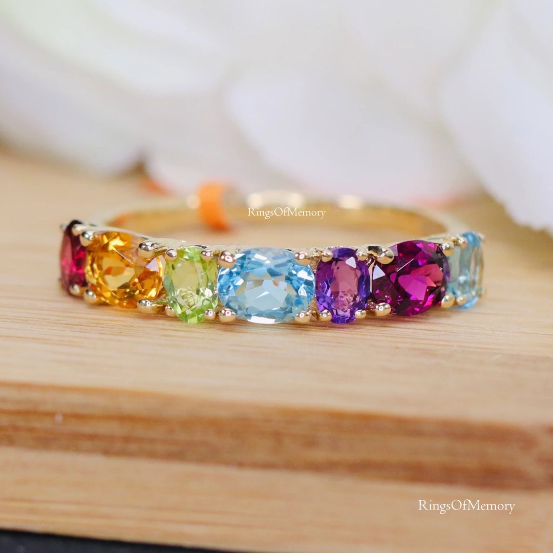 Rainbow Gemstone Ring, Amethyst Garnet Citrine Blue Topaz & Peridot ...