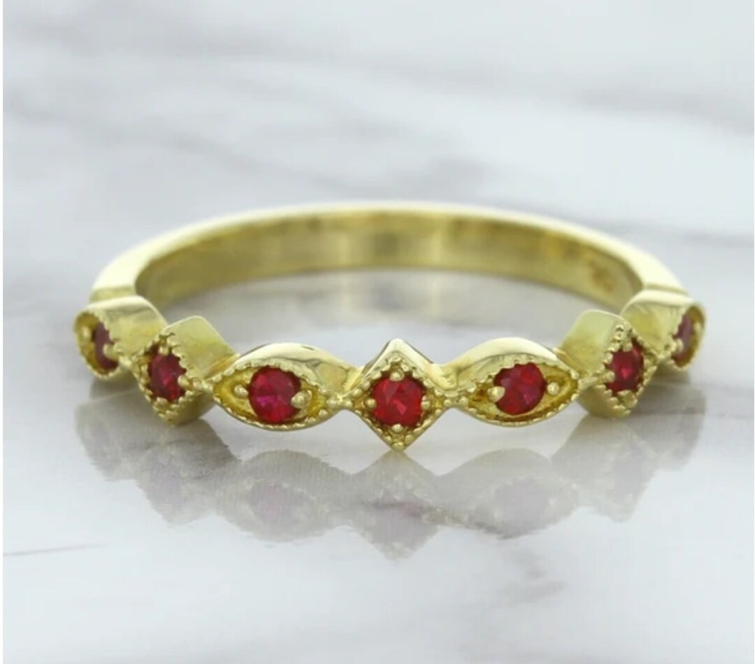 Vintage Ruby Band, Ruby Wedding Band. 14k Gold Ring, Half Eternity Ring ...