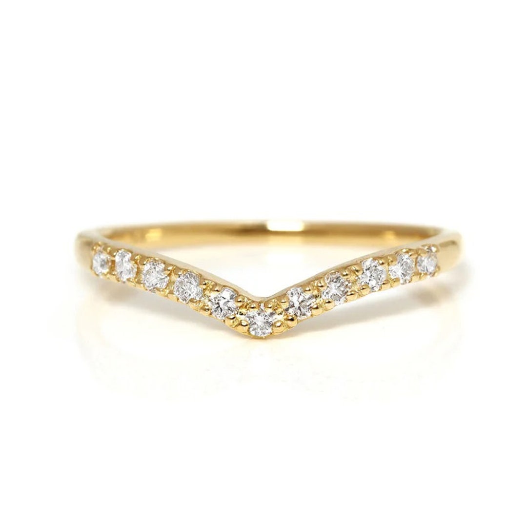 Diamond Curve Wedding Band, 14k Gold Band, V Shape Band Ring, Diamond ...