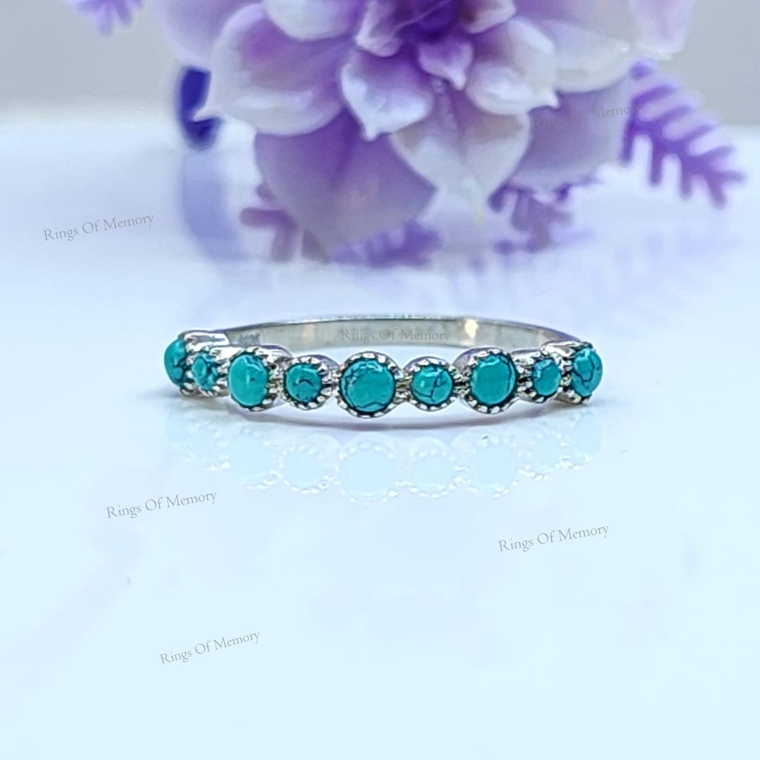 Turquoise Wedding Band, Women Vintage Half Eternity White Gold Round ...