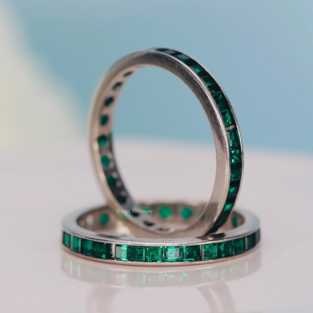 Emerald Wedding Band Pair Set, Sterling Silver Band, Emerald Full ...