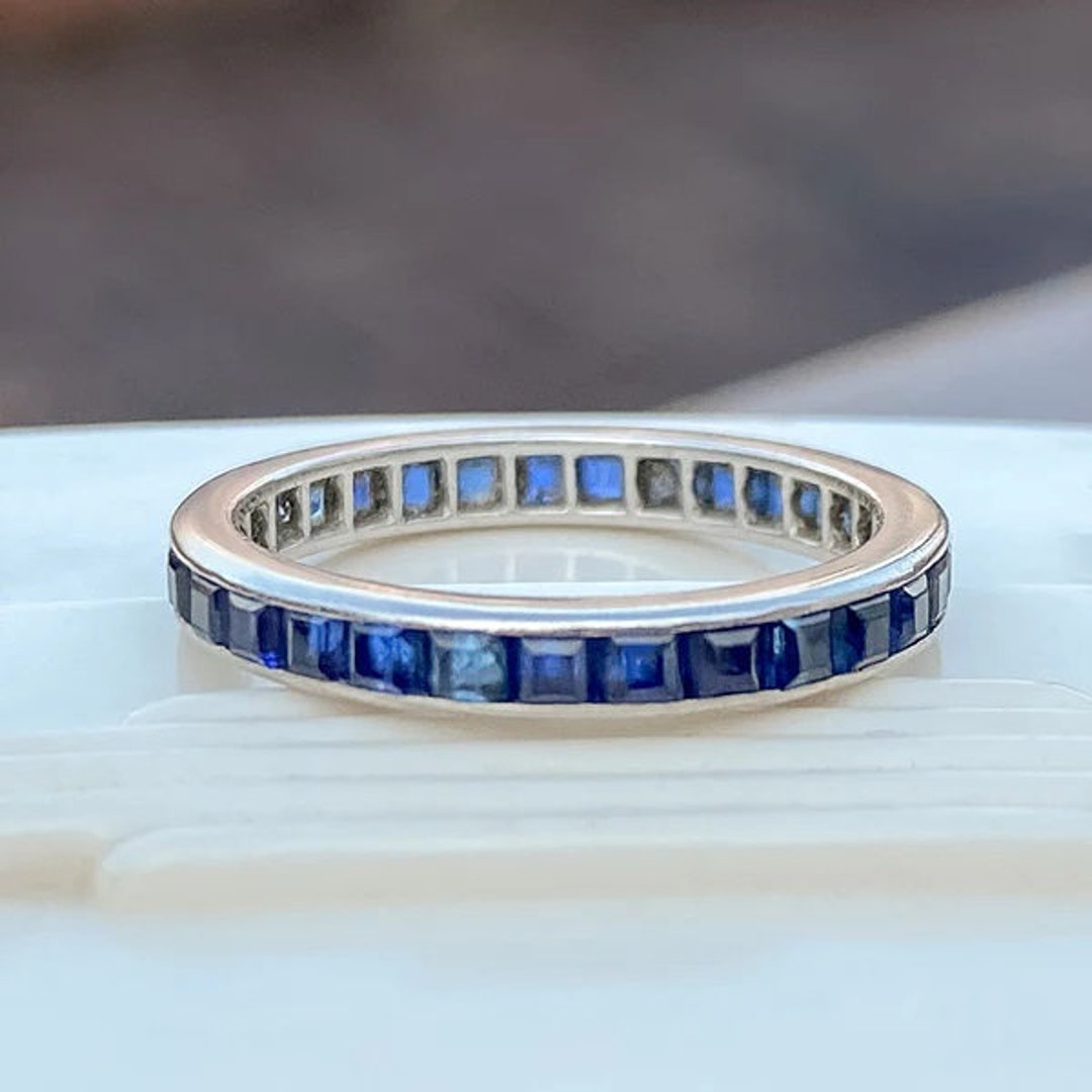 Vintage Sapphire Wedding Band Squire Cut Sterling Silver Wedding Ring ...