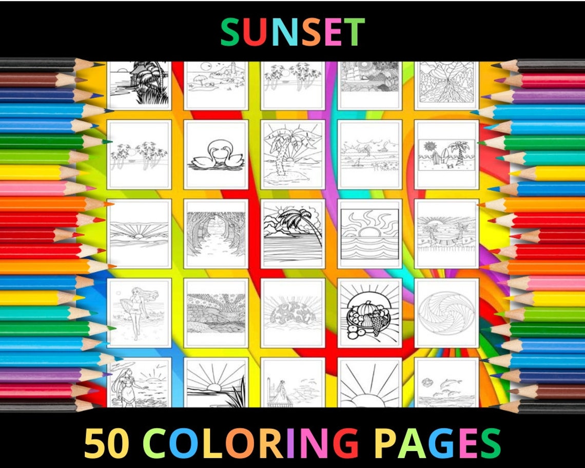 Printable Sunset Coloring Pages for Kids and Adults 50 Pages Instant ...