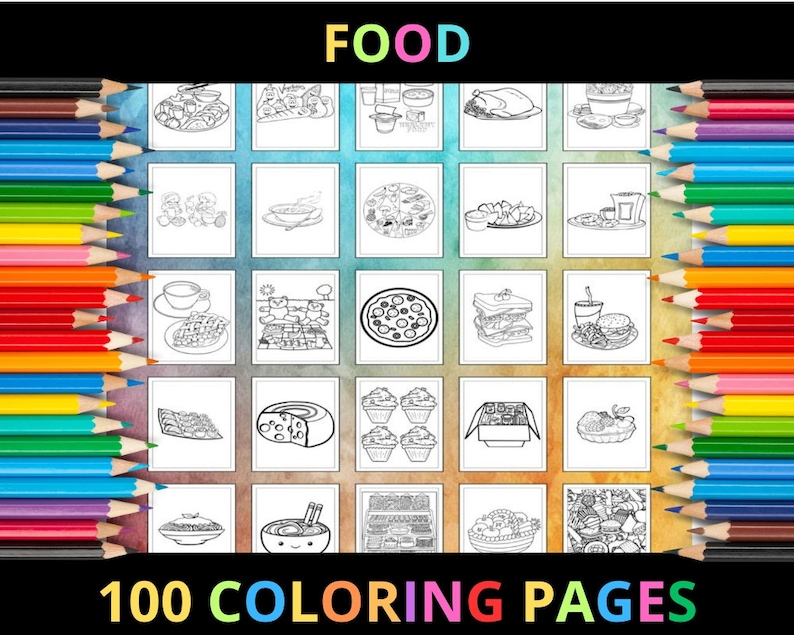 Printable Food Coloring Pages for Kids and Adults | 100 Pages | Instant ...