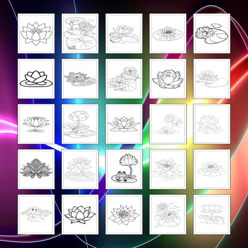 Printable Lotus Coloring Pages for Kids & Adults | 25 Pages | Digital ...