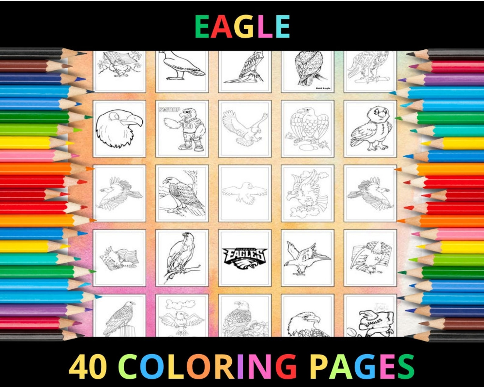 Printable Eagle Coloring Pages for Kids and Adults | 40 Pages | Instant ...