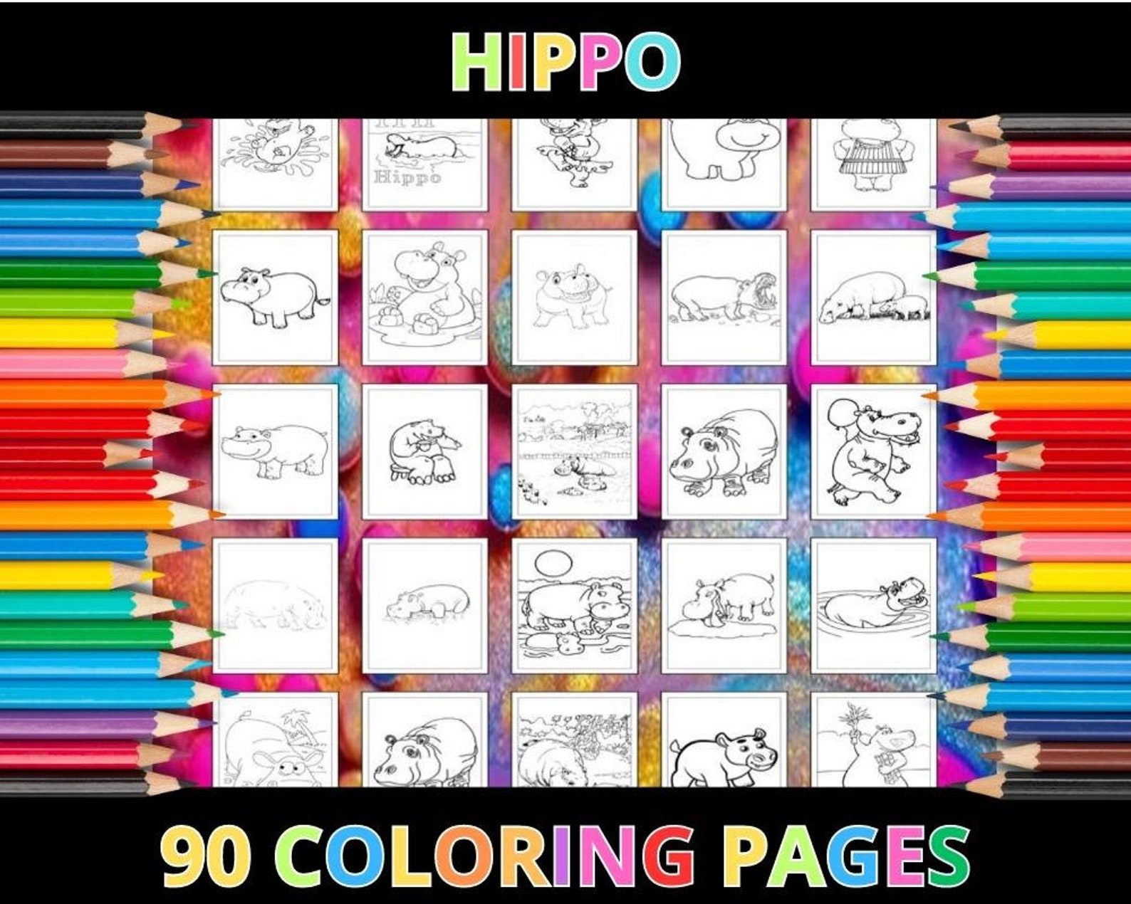 Printable Hippo Coloring Pages for Kids and Adults | 90 Pages | Instant ...