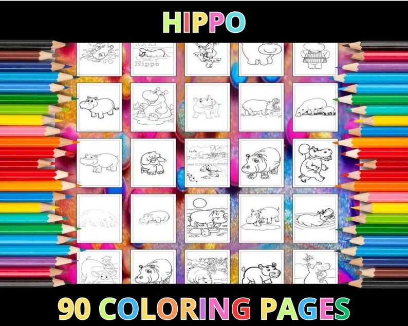 Printable Hippo Coloring Pages for Kids and Adults | 90 Pages | Instant ...