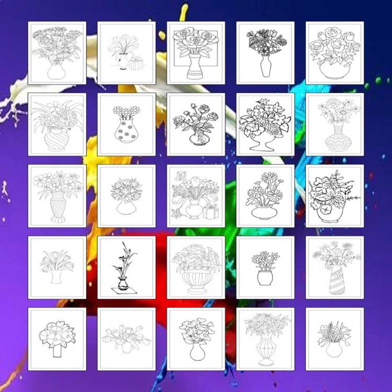 Printable Flowers in A Vase Coloring Pages for Kids & Adults |30 Pages ...