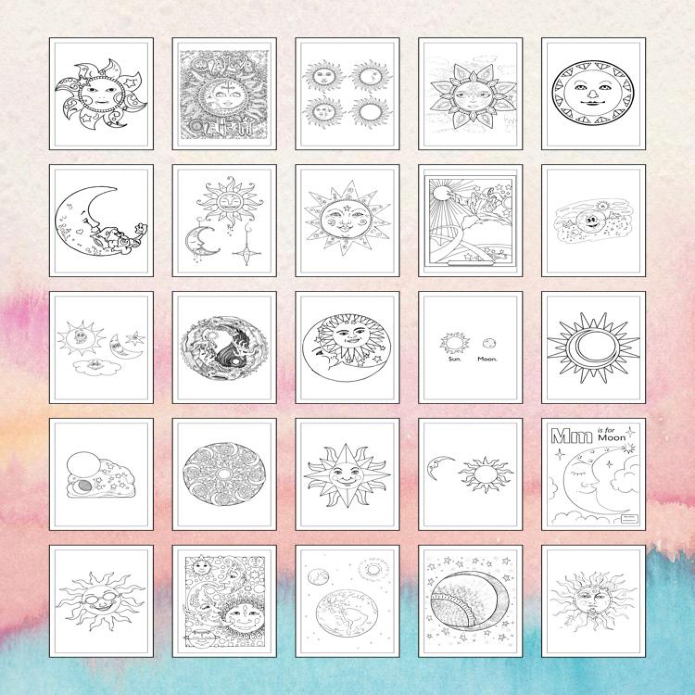 Printable Sun & Moon Coloring Pages for Kids and Adults 180 - Etsy