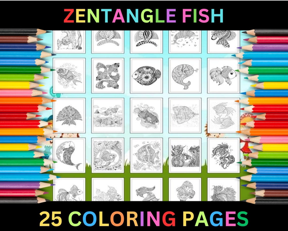 Printable Zentangle Fish Coloring Pages for Kids & Adults | 25 Pages ...