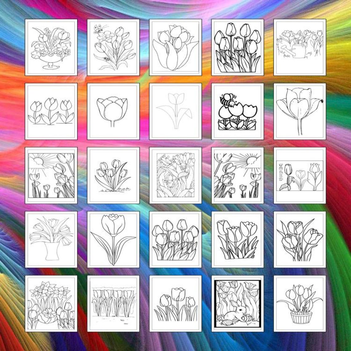 Printable Tulip Coloring Pages for Kids and Adults | 35 Pages | Instant ...