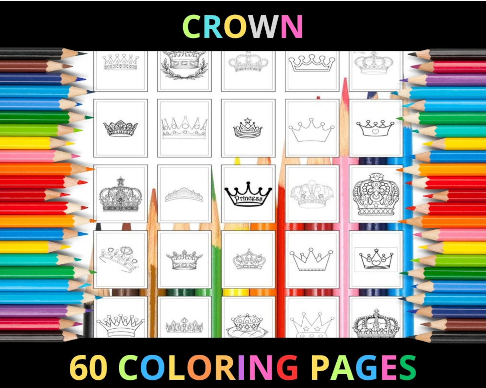 Printable Crown Coloring Pages for Kids & Adults | 60 Pages | Instant ...