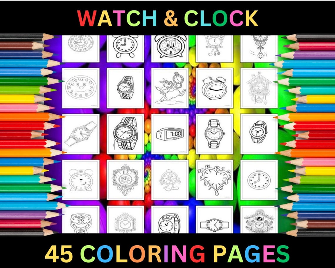 Printable Watch Clock Coloring Pages for Kids & Adults 45 - Etsy