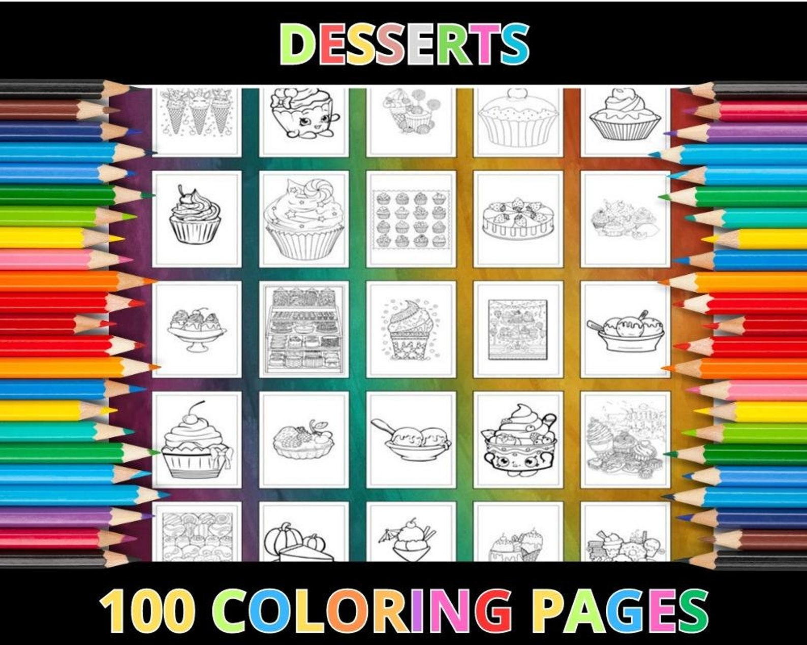 Printable Desserts Coloring Pages for Kids & Adults 100 Pages Instant Digital Download PDF Cute ...