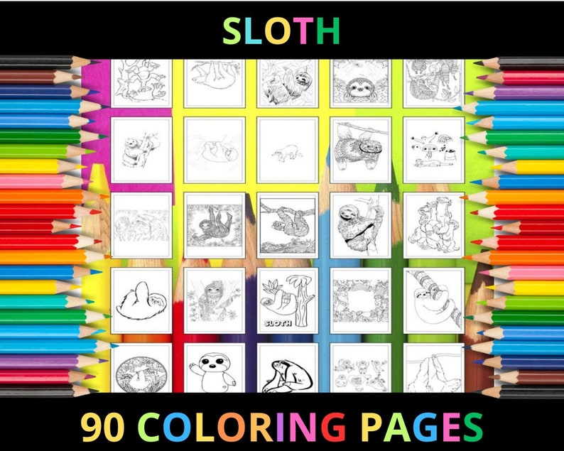 Printable Sloth Coloring Pages for Kids and Adults | 90 Pages | Instant ...
