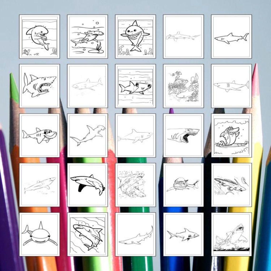 Printable Shark Coloring Pages for Kids & Adults, 100 Pages, Instant ...