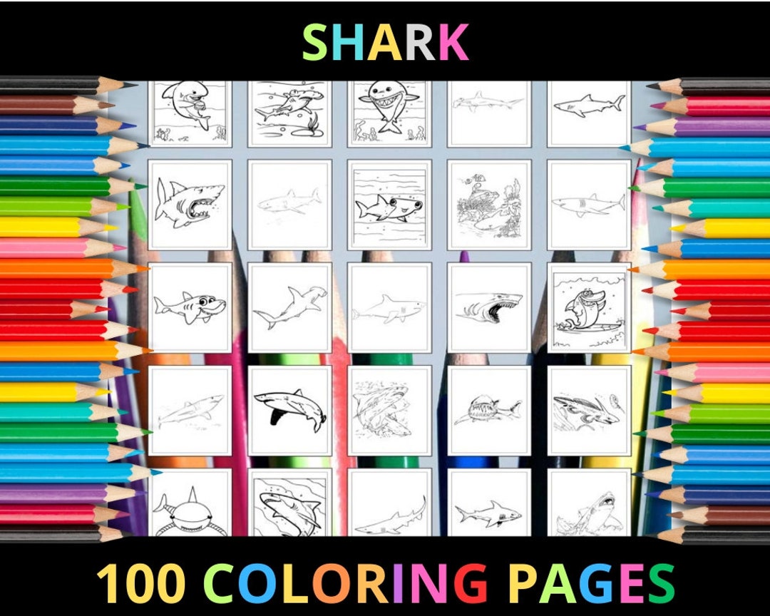 Printable Shark Coloring Pages for Kids & Adults, 100 Pages, Instant ...