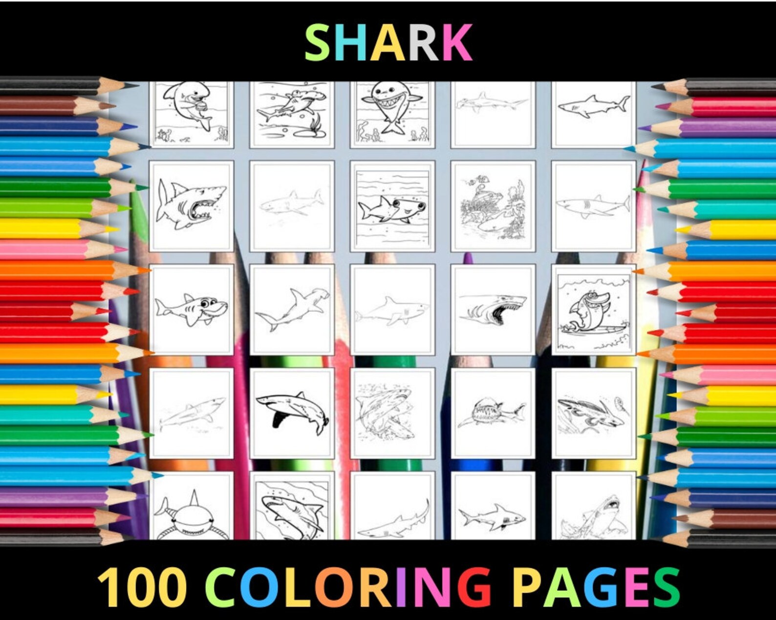 Printable Shark Coloring Pages for Kids & Adults, 100 Pages, Instant ...