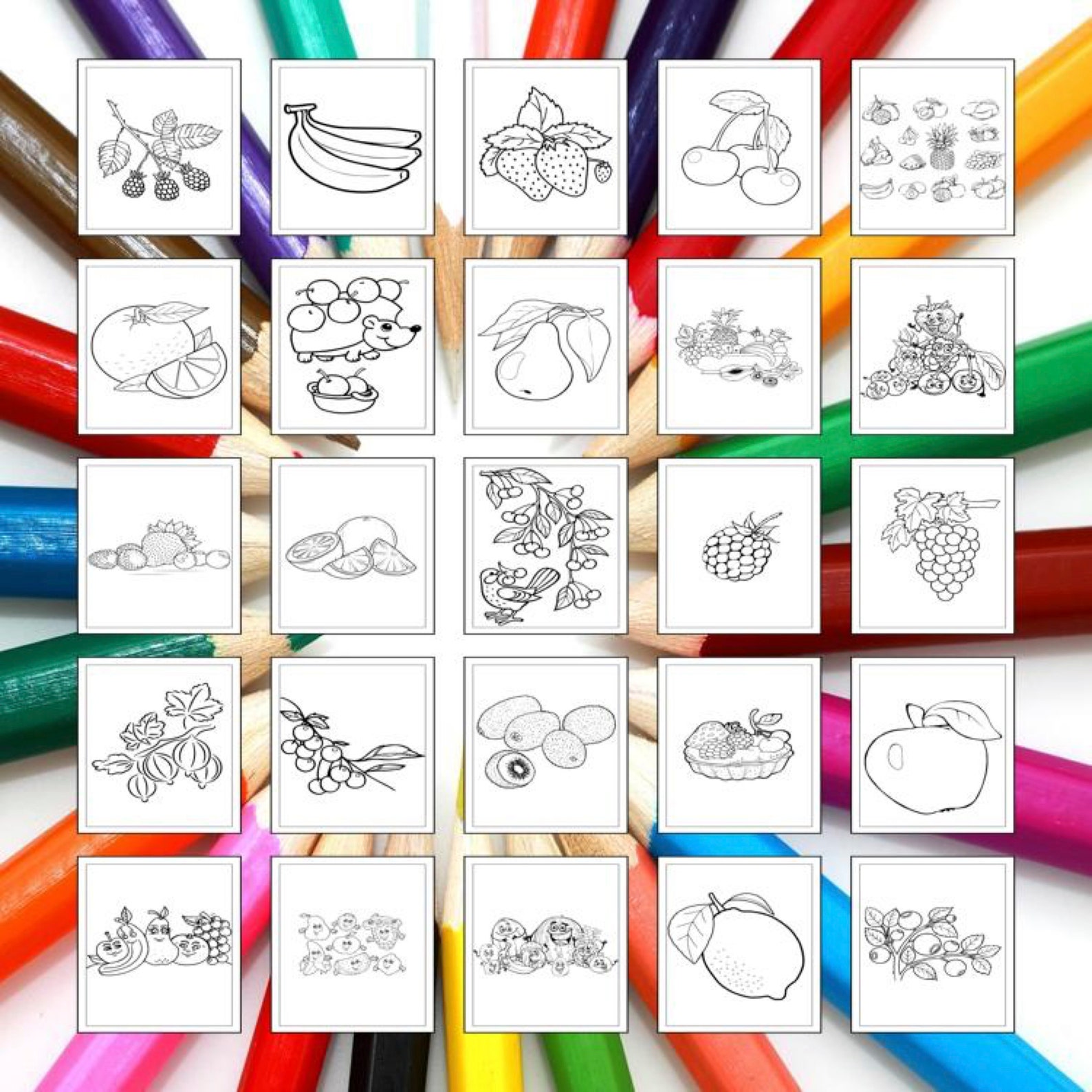 Printable Fruit Coloring Pages for Kids and Adults | 40 Pages | Instant ...