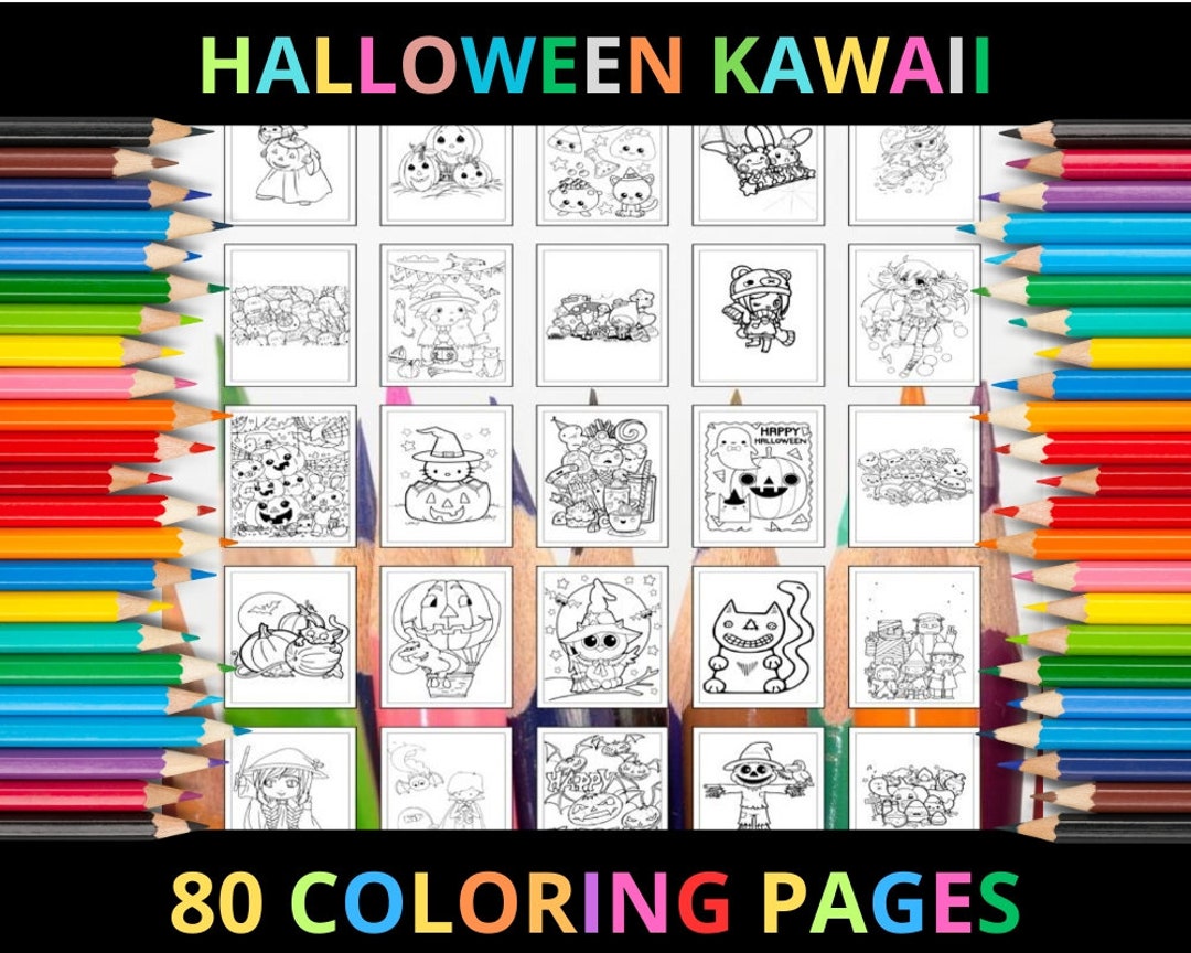 Printable Halloween Kawaii Coloring Pages for Kids & Adults, 80 Pages ...
