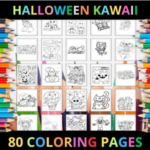 Printable Halloween Kawaii Coloring Pages for Kids & Adults, 80 Pages ...