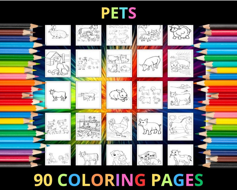 Printable Pets Coloring Pages for Kids and Adults | 90 Pages | Instant ...